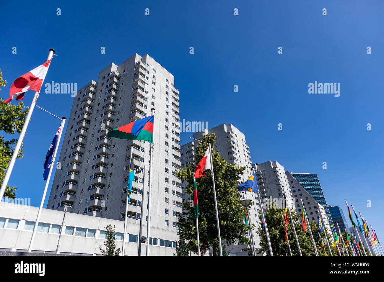Flag parade, Rotterdam, Netherlands. National symbols waving on poles ...