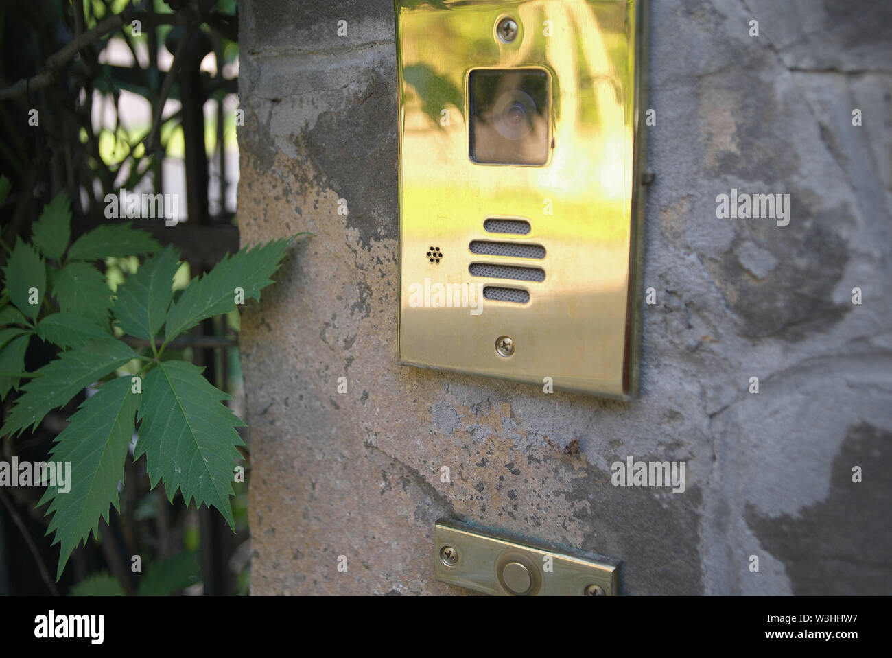 Closeup of the intercom mounted on the building wall, concept of ...