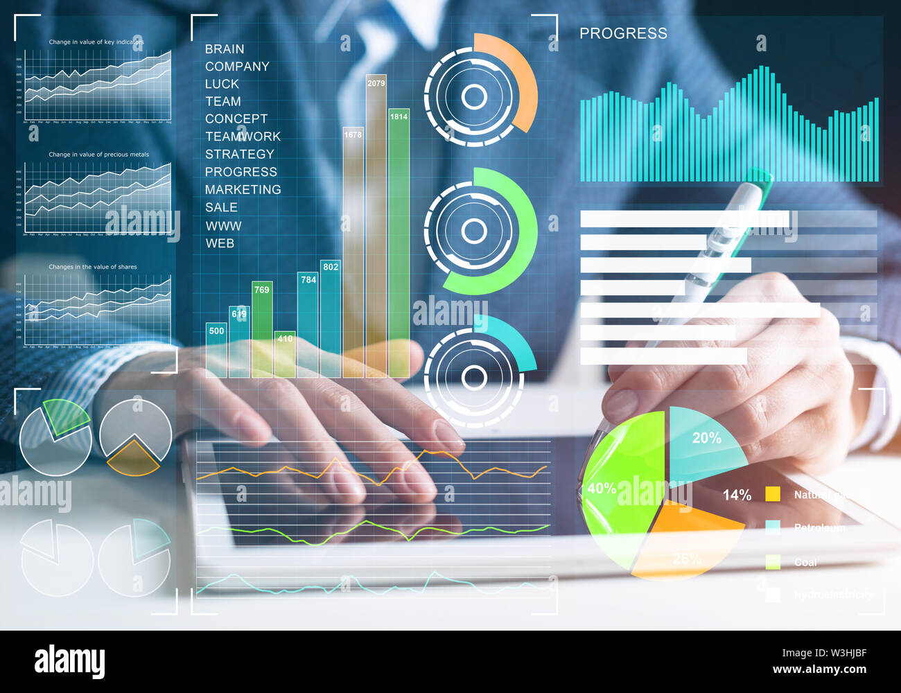 Modern computing in business analytics. Businessman hand touching ...