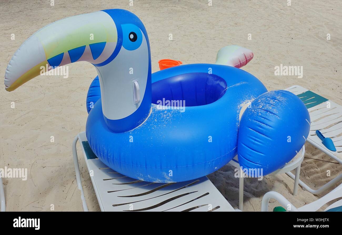 A blue toucan plastic pool float on a sandy beach Stock Photo - Alamy