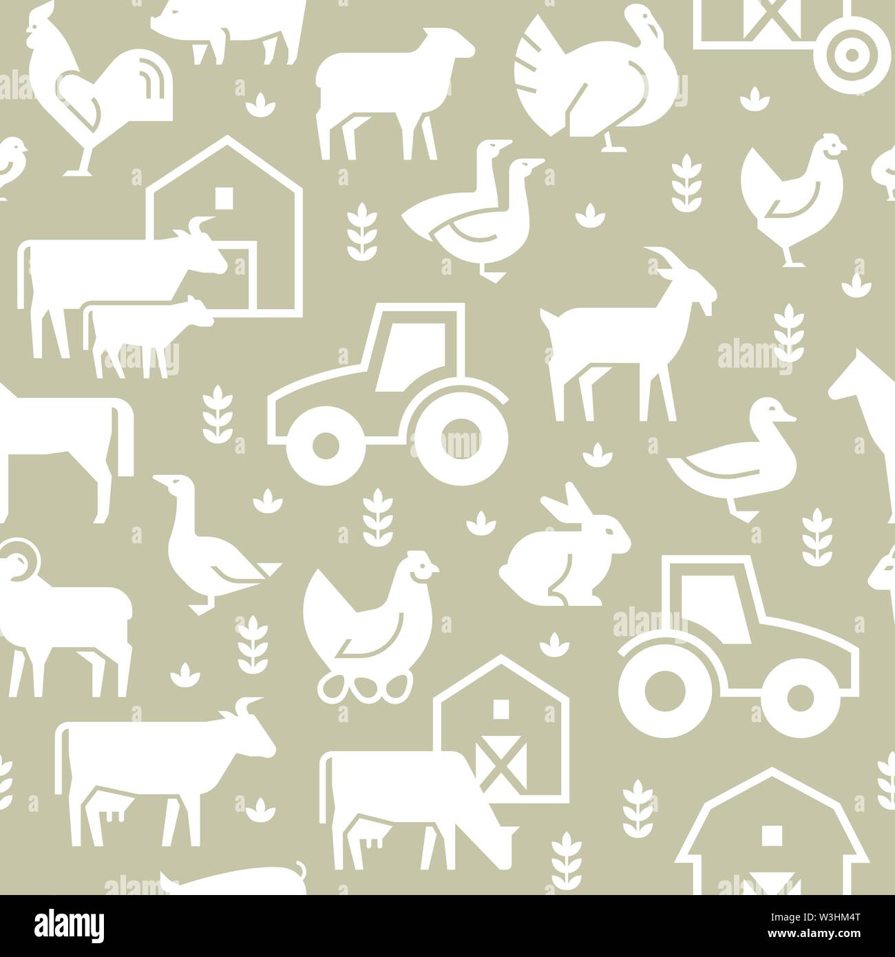 Seamless vector pattern of farm animals, buildings, equipment and other ...