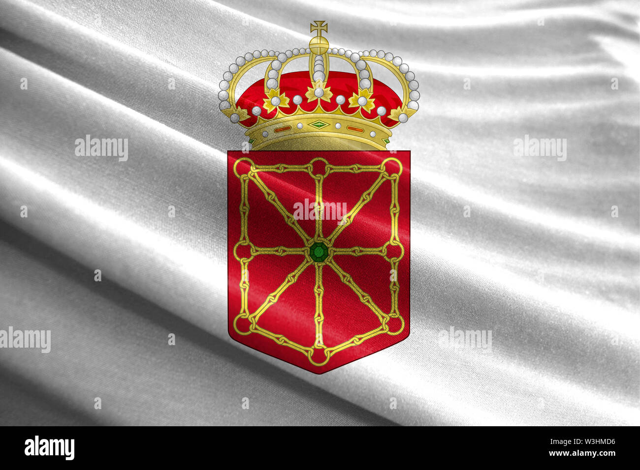 Realistic flag of Navarra coat of arms on the wavy surface of fabric ...