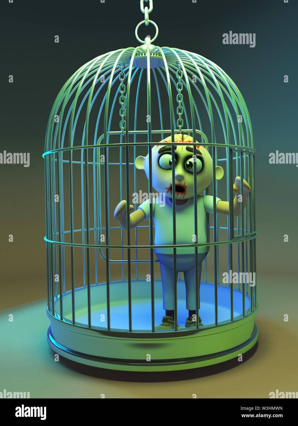 Funny 3d cartoon undead zombie monster trapped behind bars in a ...
