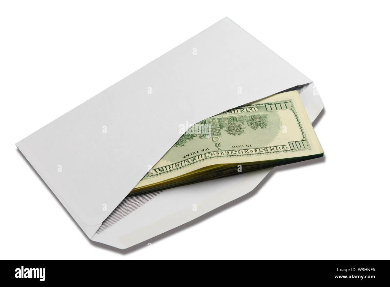 American dollars in open white postal envelope on white isolated ...