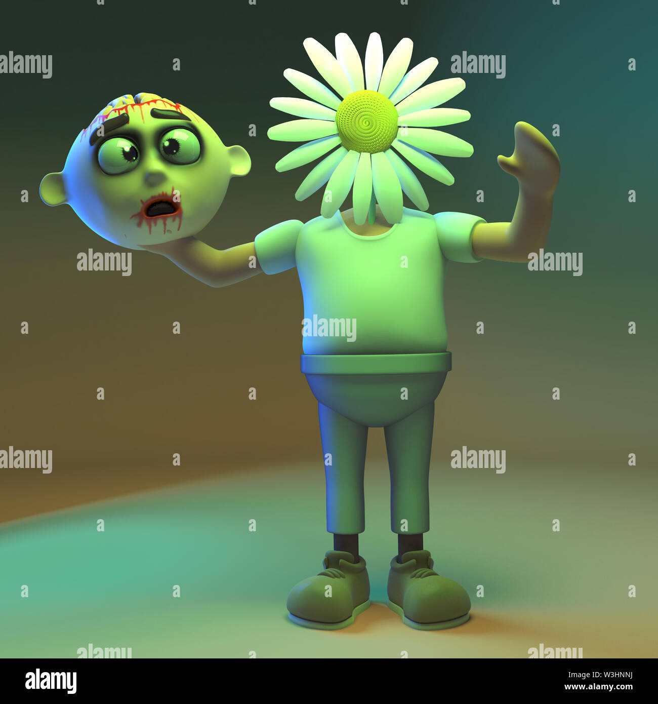 Strange 3d cartoon zombie monster has had his head swapped for a daisy ...