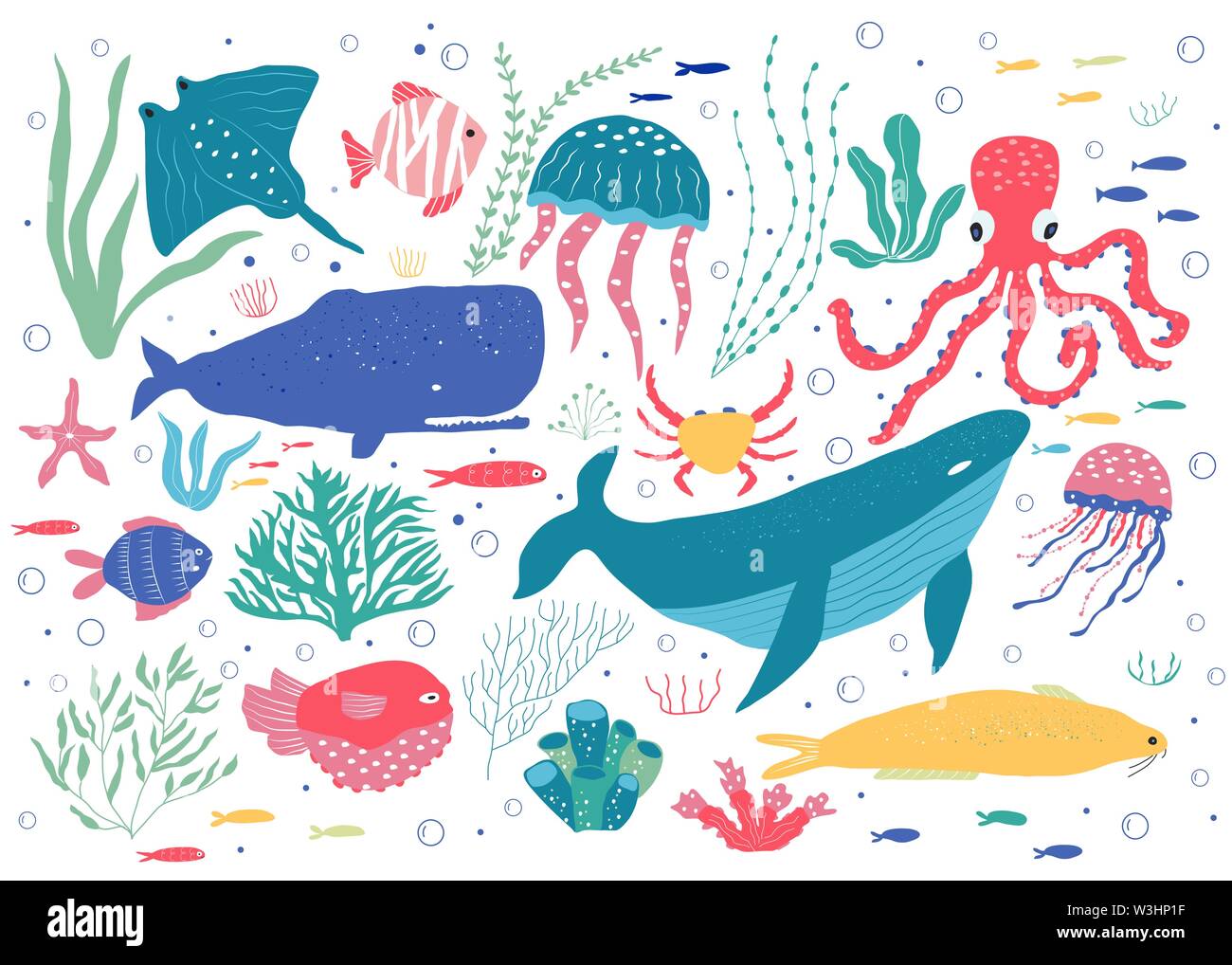 Underwater creatures octopus, whale, fish, jellyfish, crab, clownfish ...