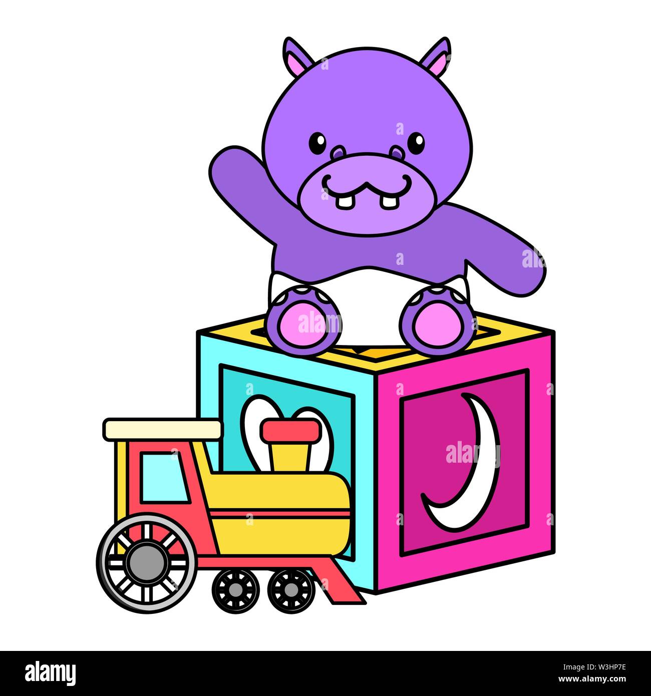 cute little hippo with train and block Stock Vector Image & Art - Alamy