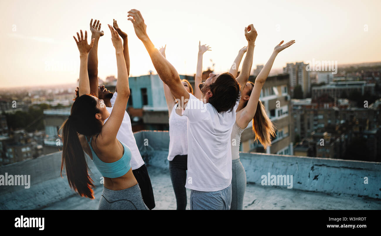 Fitness, sport, training and healthy lifestyle concept - group of happy ...