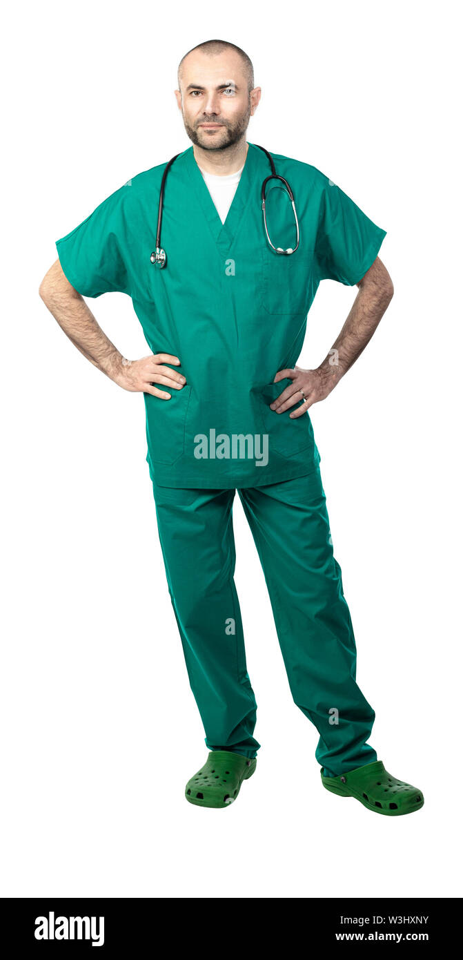 standing doctor with green uniform isolated on white background Stock ...