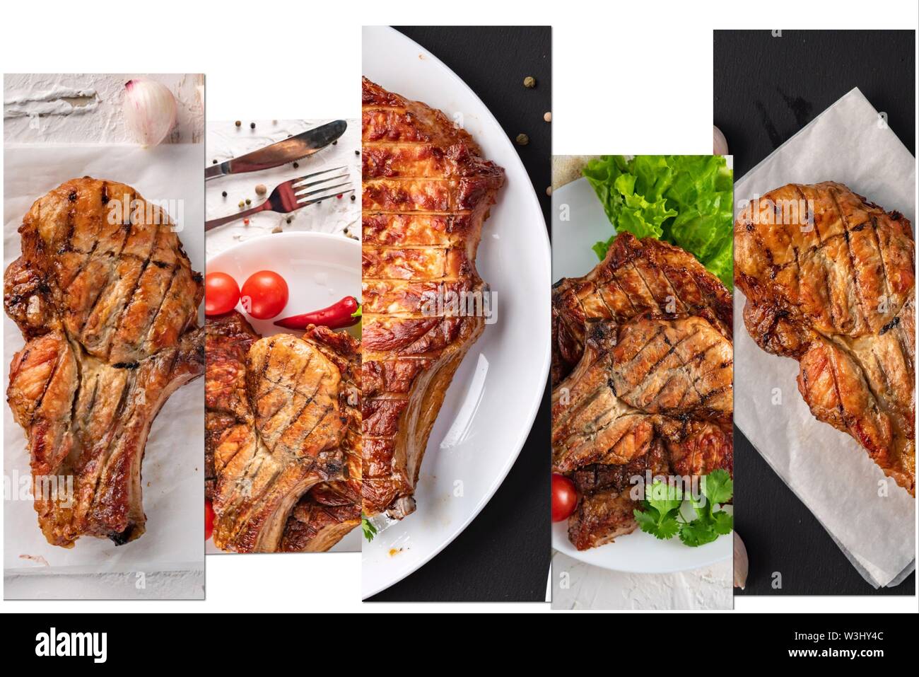 collage of five meat assortie photos on white background Stock Photo ...