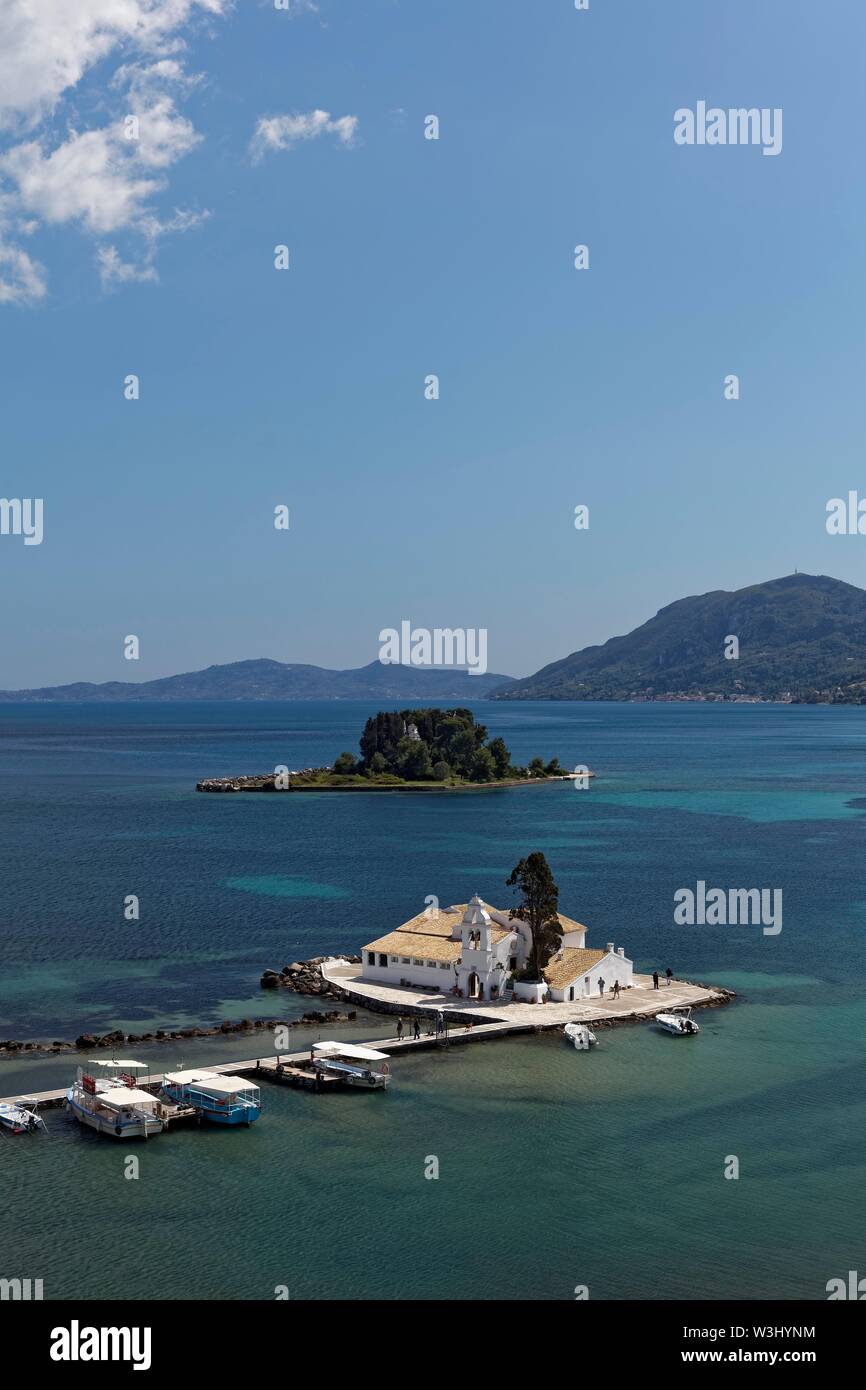 Monastery island Vlacherna and mouse island, peninsula Kanoni, Kerkira ...