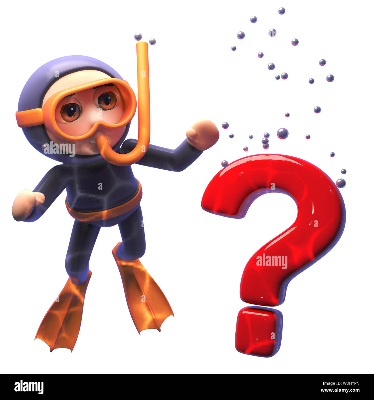 Funny 3d cartoon snorkel scuba diver looking at a question mark sink in ...