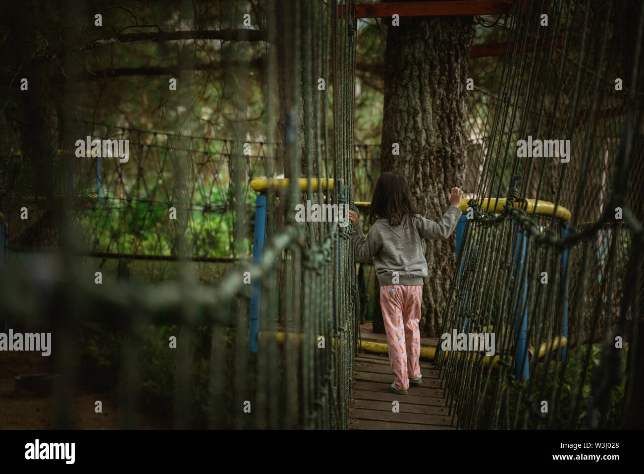 young asian kid playing on outdoor playground in nature crossing ...