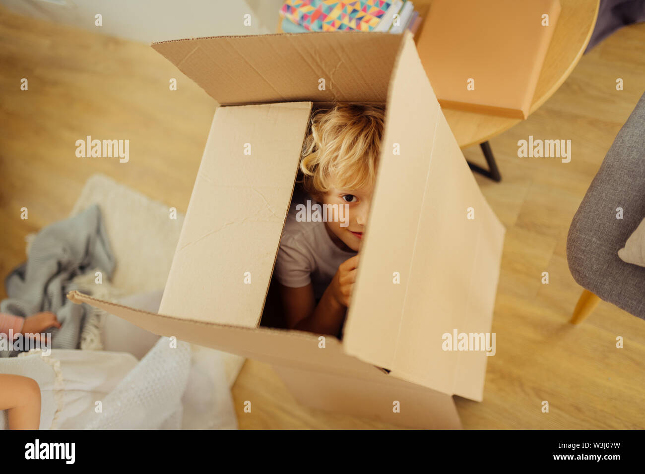 Seek and hide. Positive nice boy hiding in a box while playing seek and ...