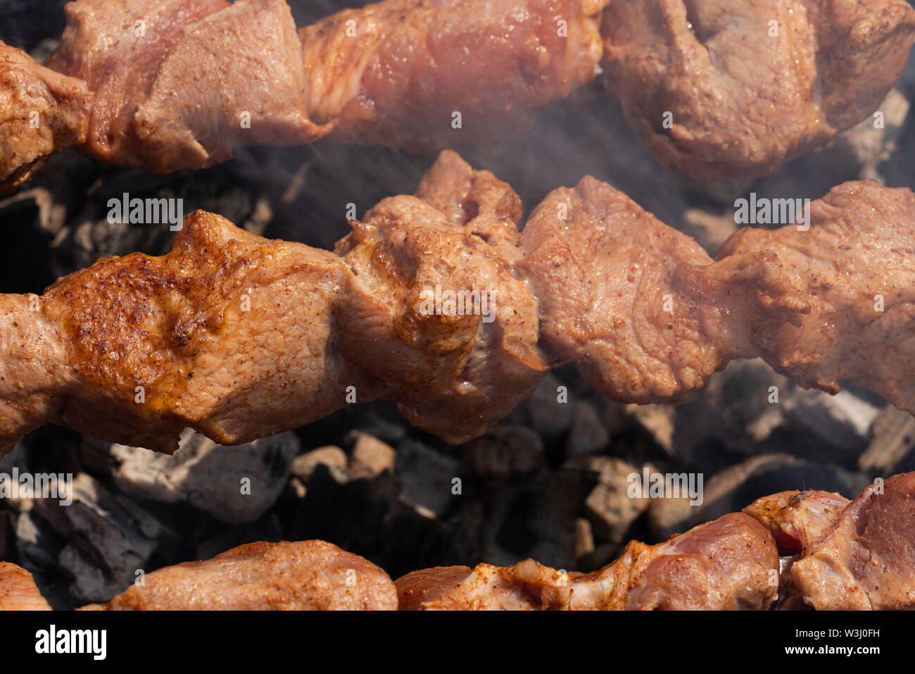 Grilled appetizing pork shish kebab cooking on metal skewers on ...