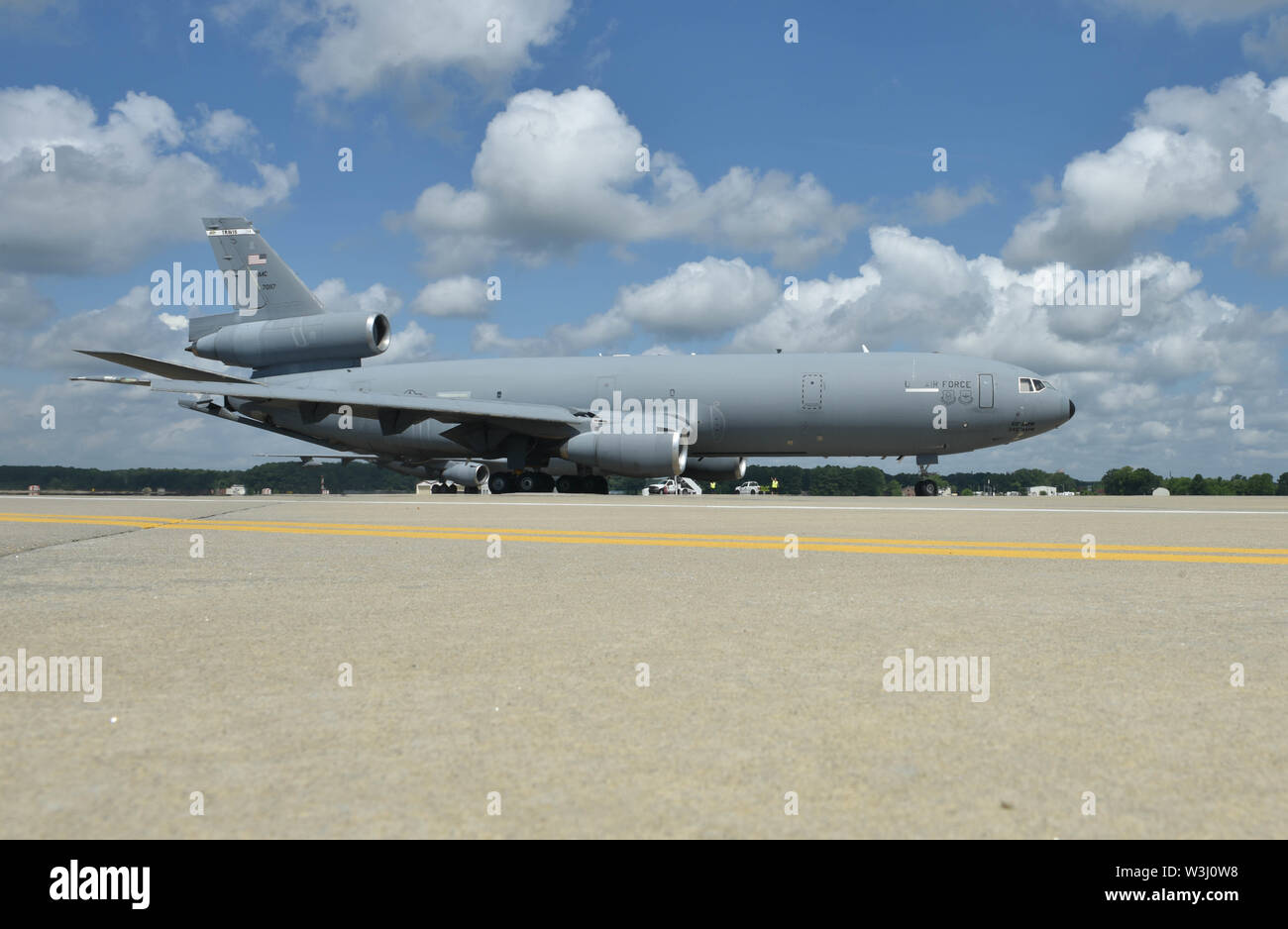 A U.S. Air Force KC-10 Extender waits to take off at Joint Base Langley ...