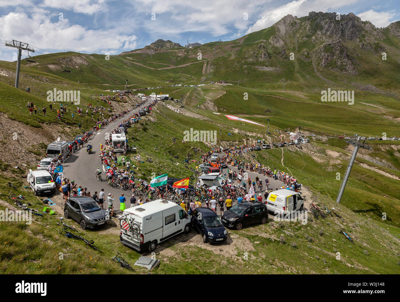 Col du Turmalet, France - July 27, 2018: The peloton climbing the road ...