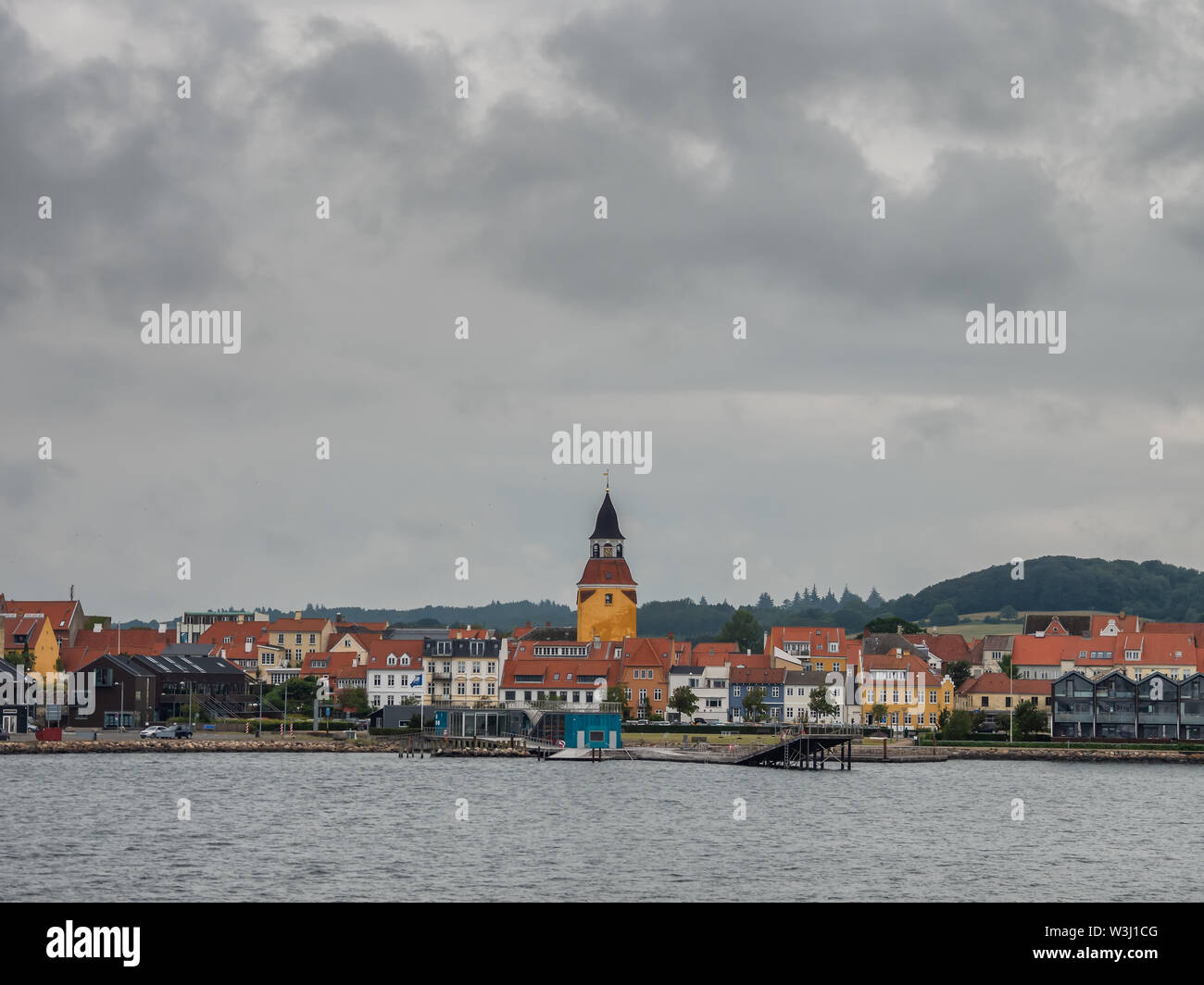 Faaborg harbor and marina skyline view with the belltower, Denmark ...
