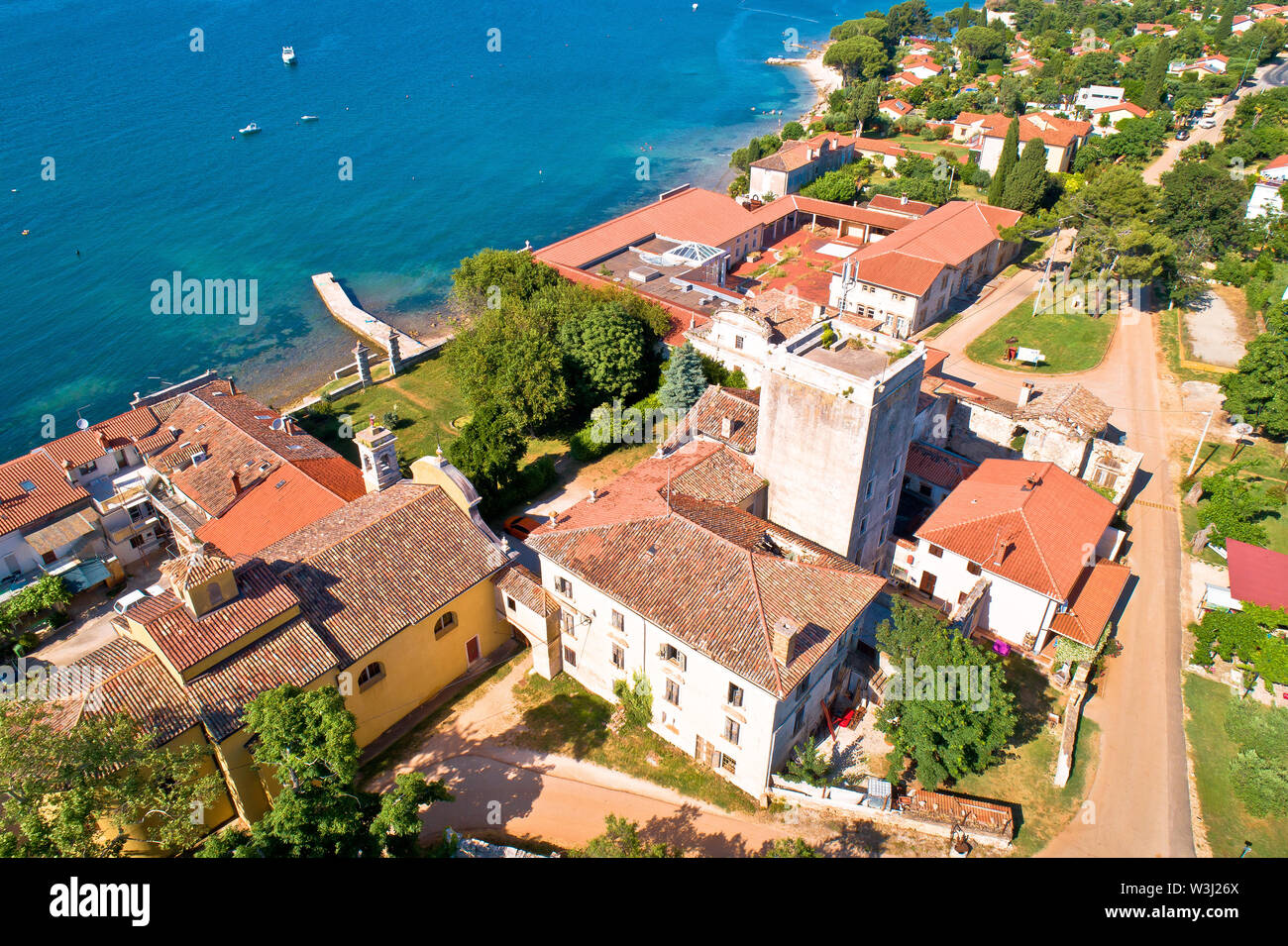 Dajla abandoned convent aerial panoramic coastline view, Istria region ...