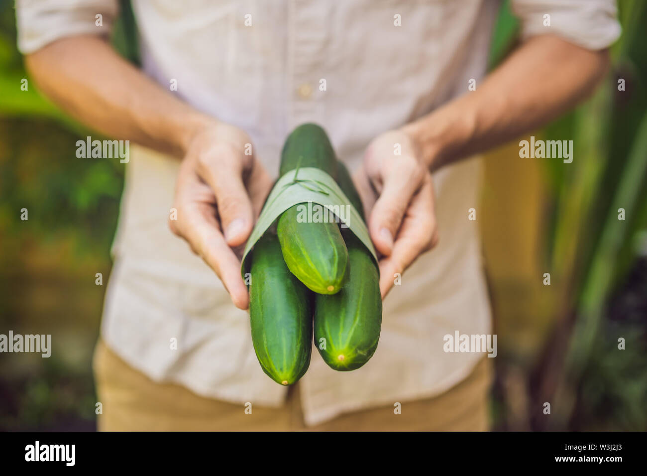 Eco-friendly product packaging concept. Cucumber wrapped in a banana ...