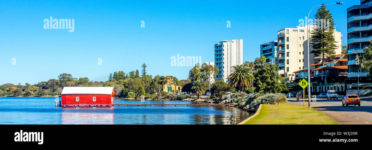 The iconic Crawley Edge Boatshed on the Swan River wrapped in red to ...