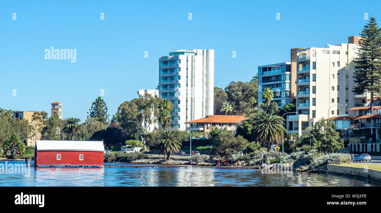 The iconic Crawley Edge Boatshed on the Swan River wrapped in red to ...