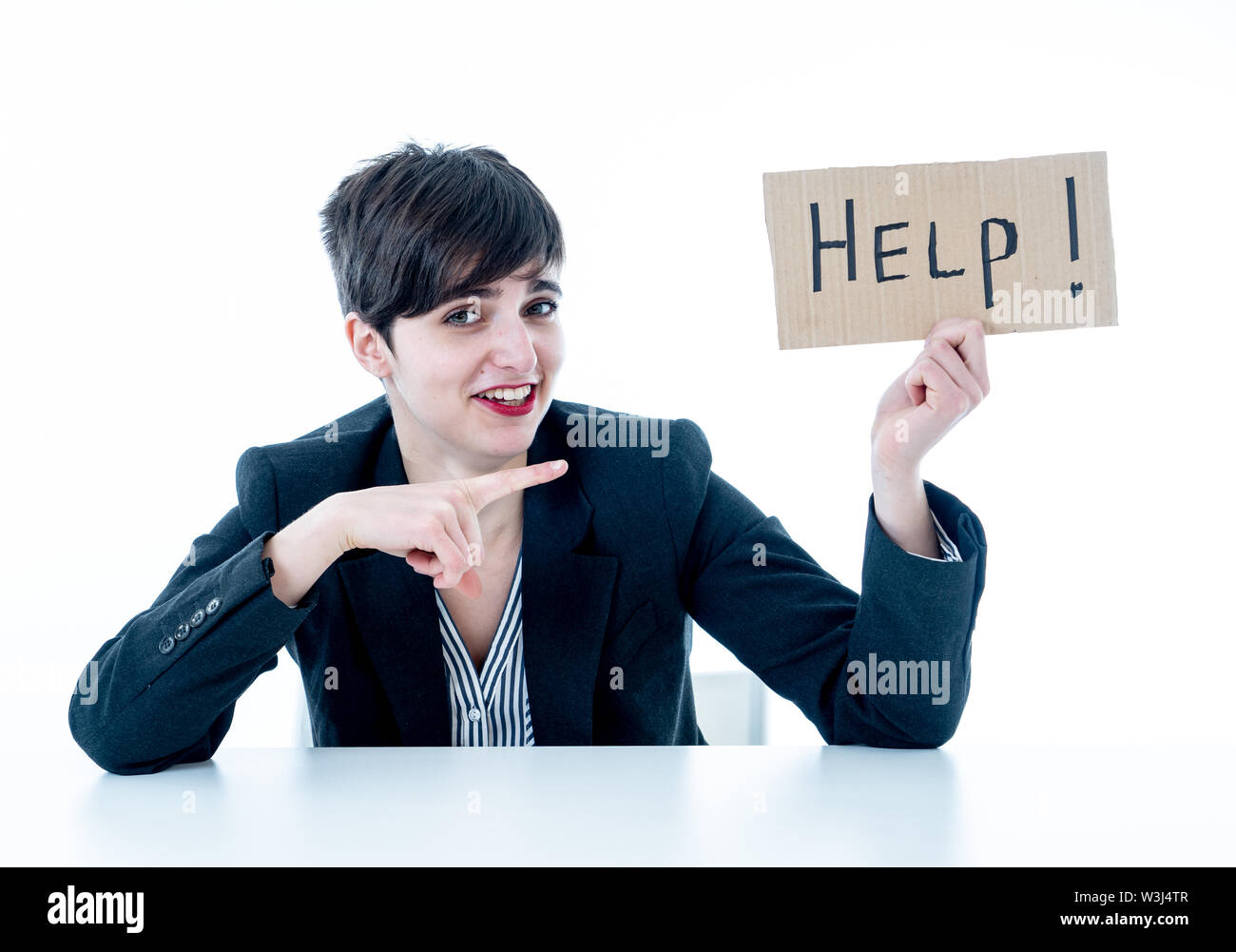 Beautiful business woman feeling overwhelmed and desperate asking for ...