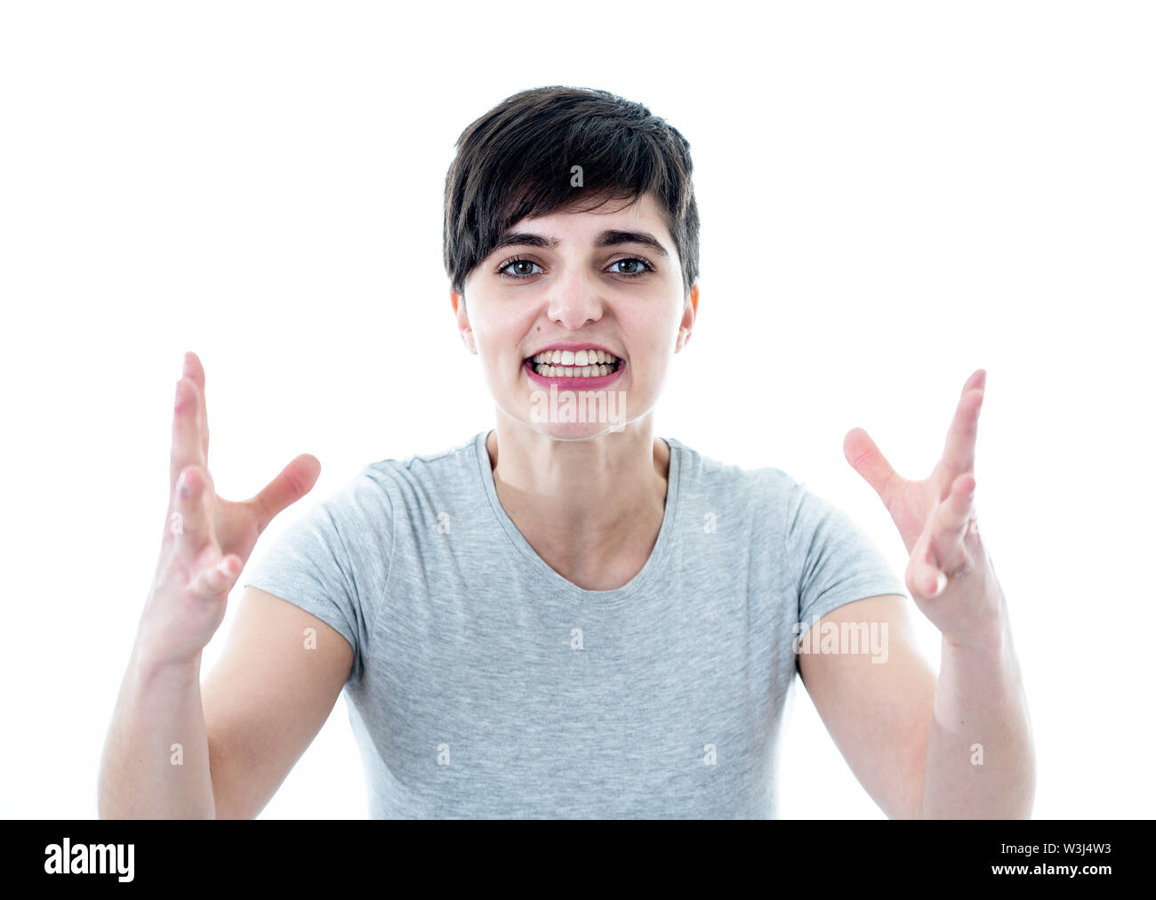 Close up portrait of Young attractive caucasian woman with an angry ...