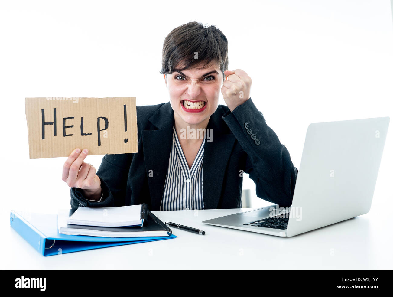 Tired and frustrated young attractive business woman working on ...