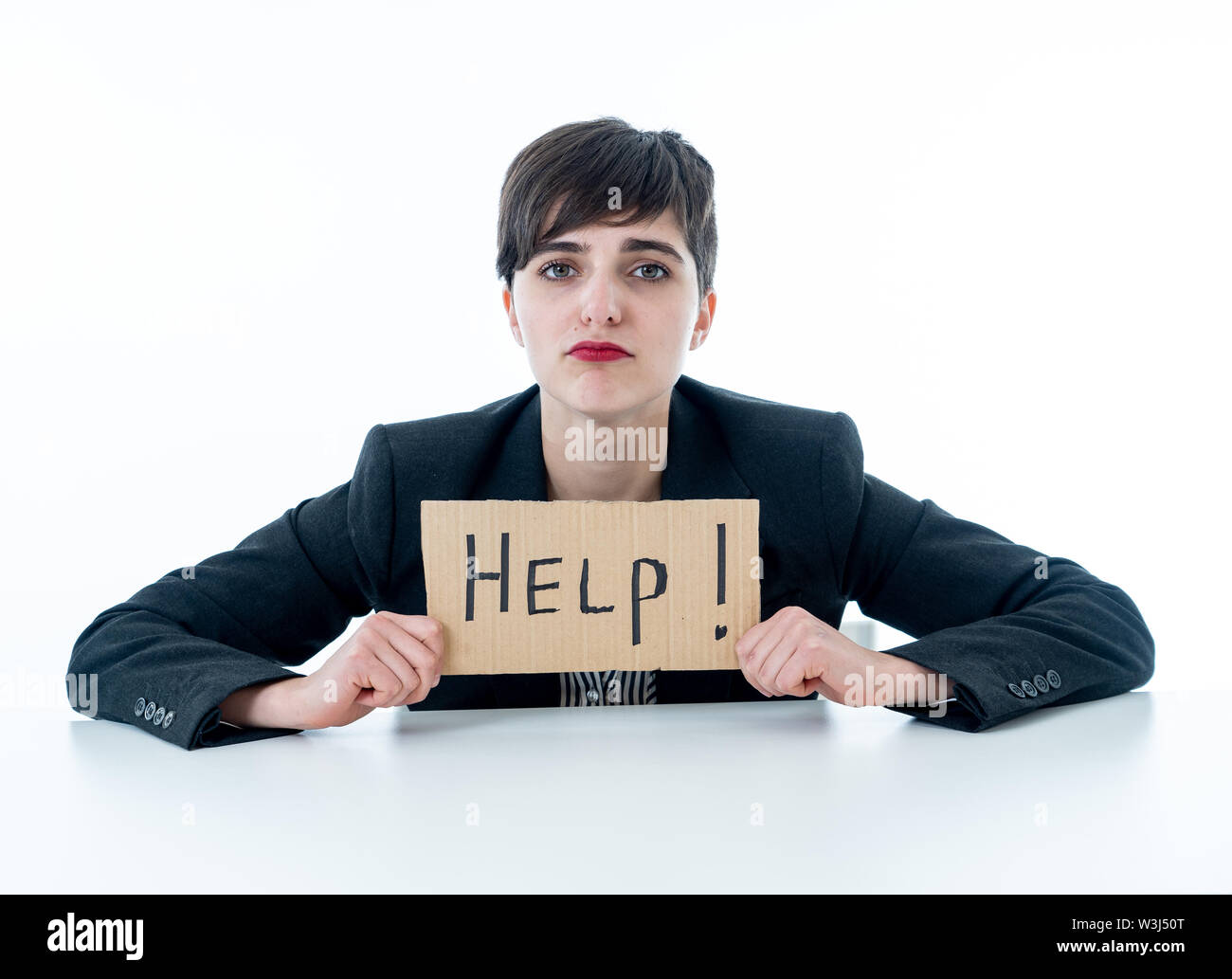 Beautiful business woman feeling overwhelmed and desperate asking for ...