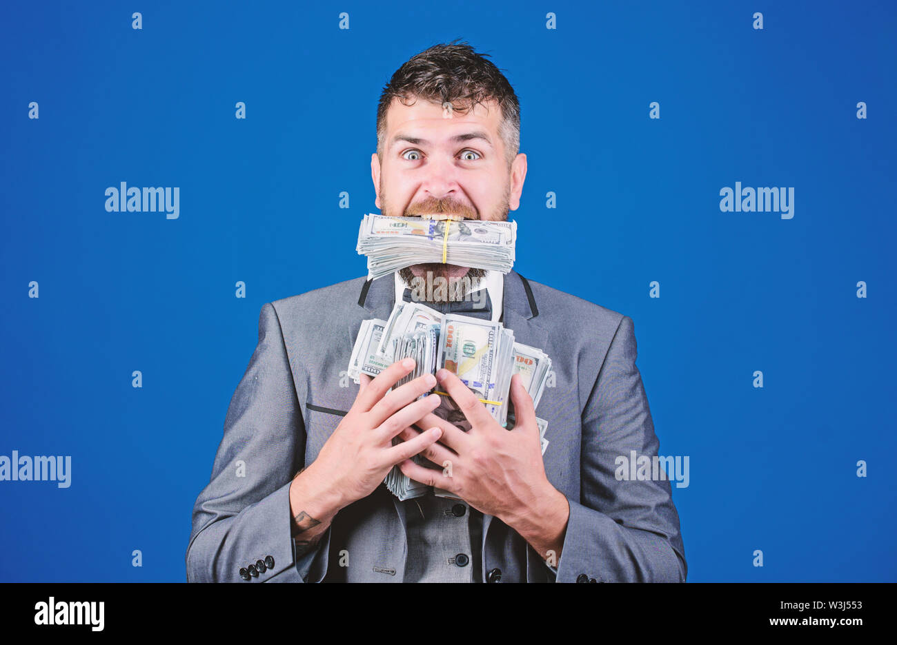 Cash transaction business. Easy cash loan. Man formal suit hold many ...