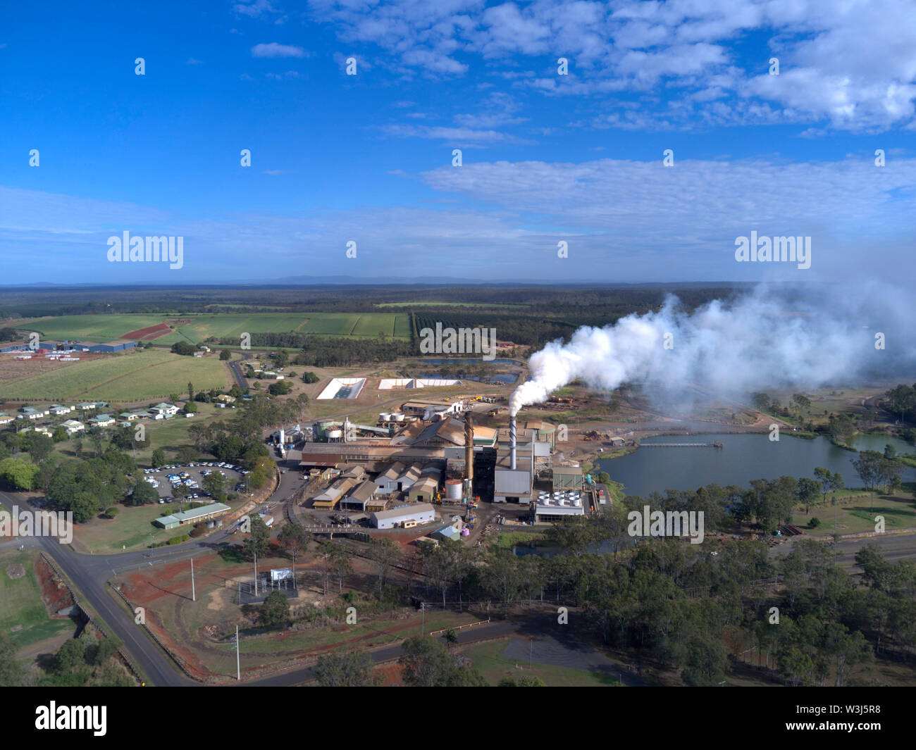 Aerial of factory processing the local sugar cane crop at the Isis ...