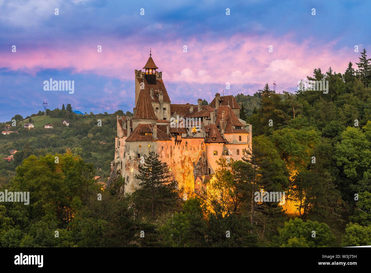 Landscape with medieval Bran castle at sunset, Brasov landmark ...