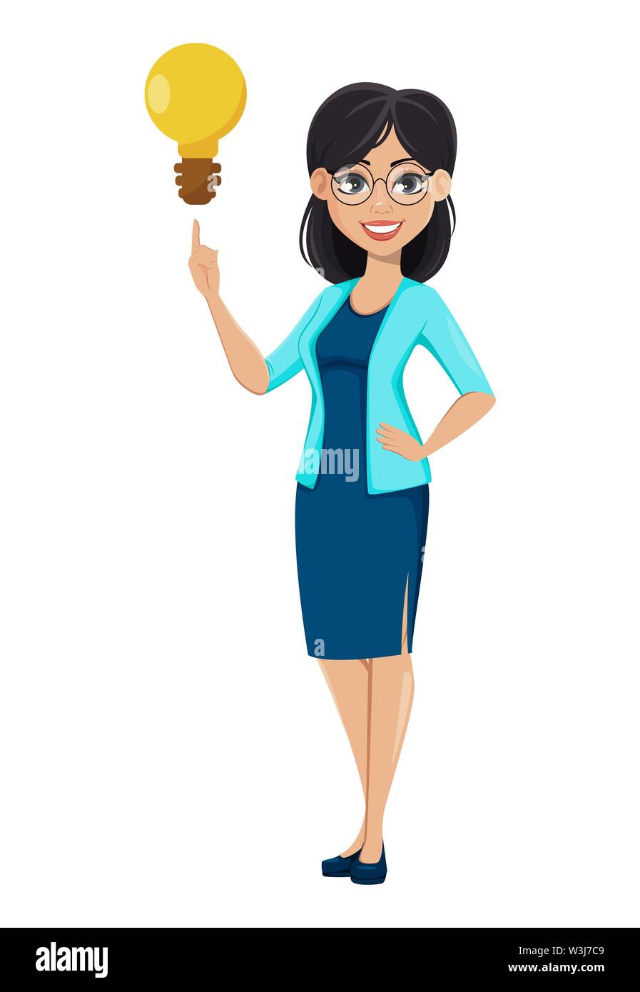 Back to school. Teacher woman cartoon character has a good idea ...