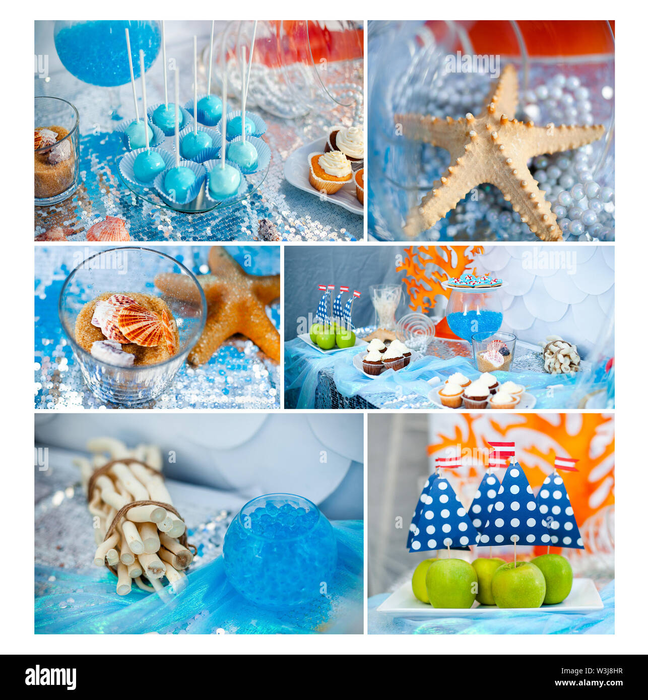 Sea and summer time theme for party or birthday. Collage of five ...