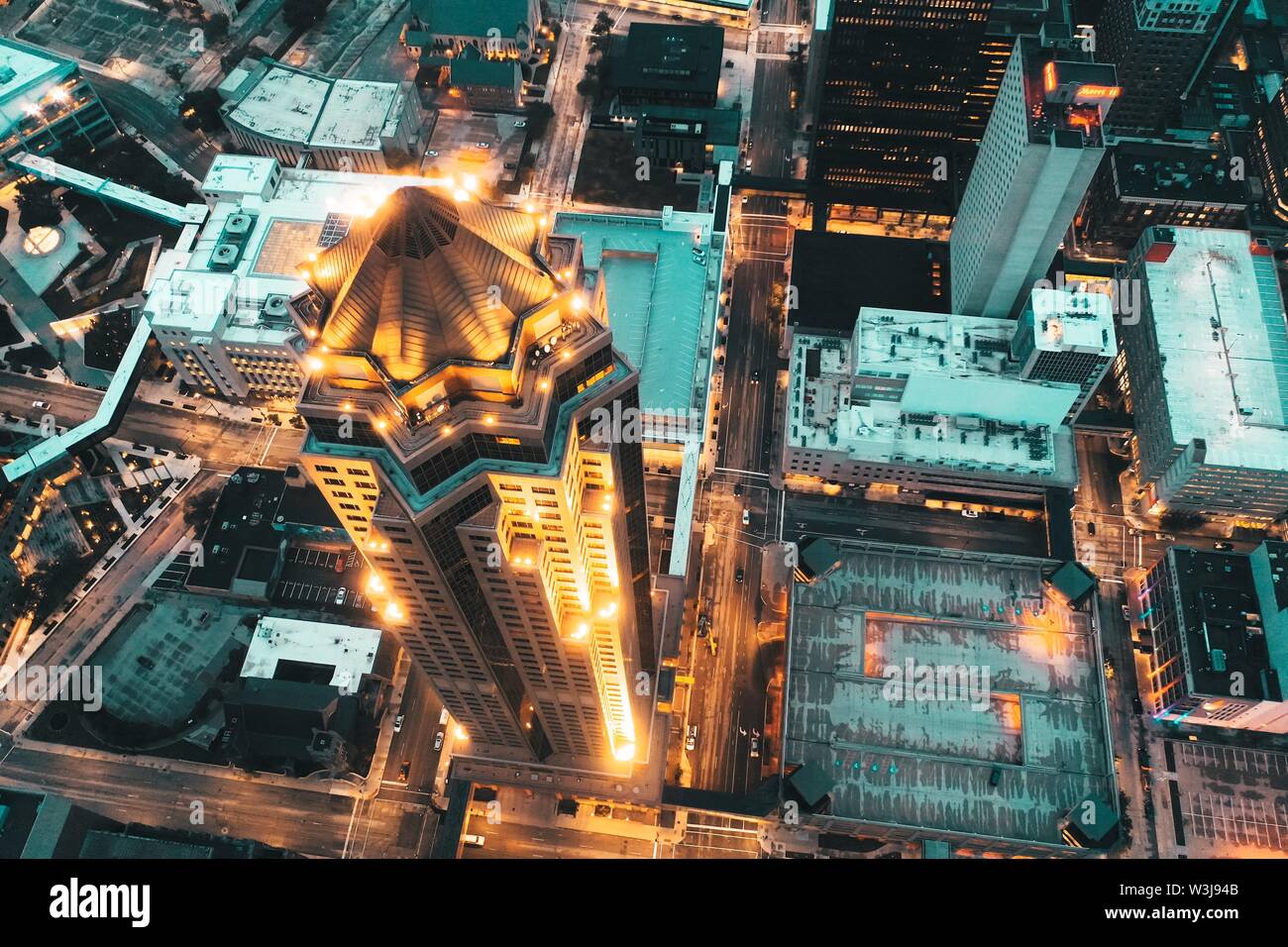 Aerial overhead shot of beautiful urban city architecture with tall ...