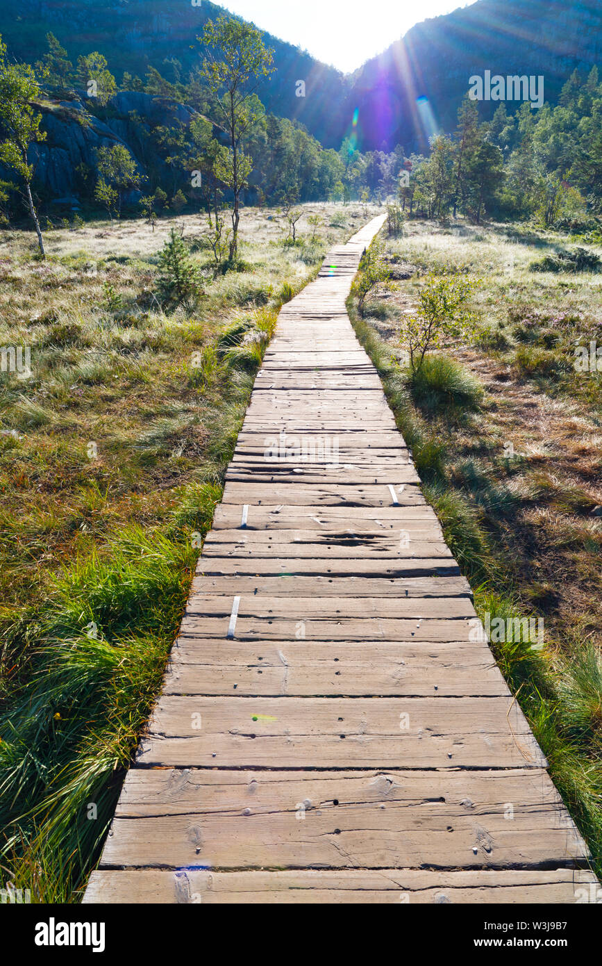wooden platform leading to the famous pulpit rock in Norway, also ...