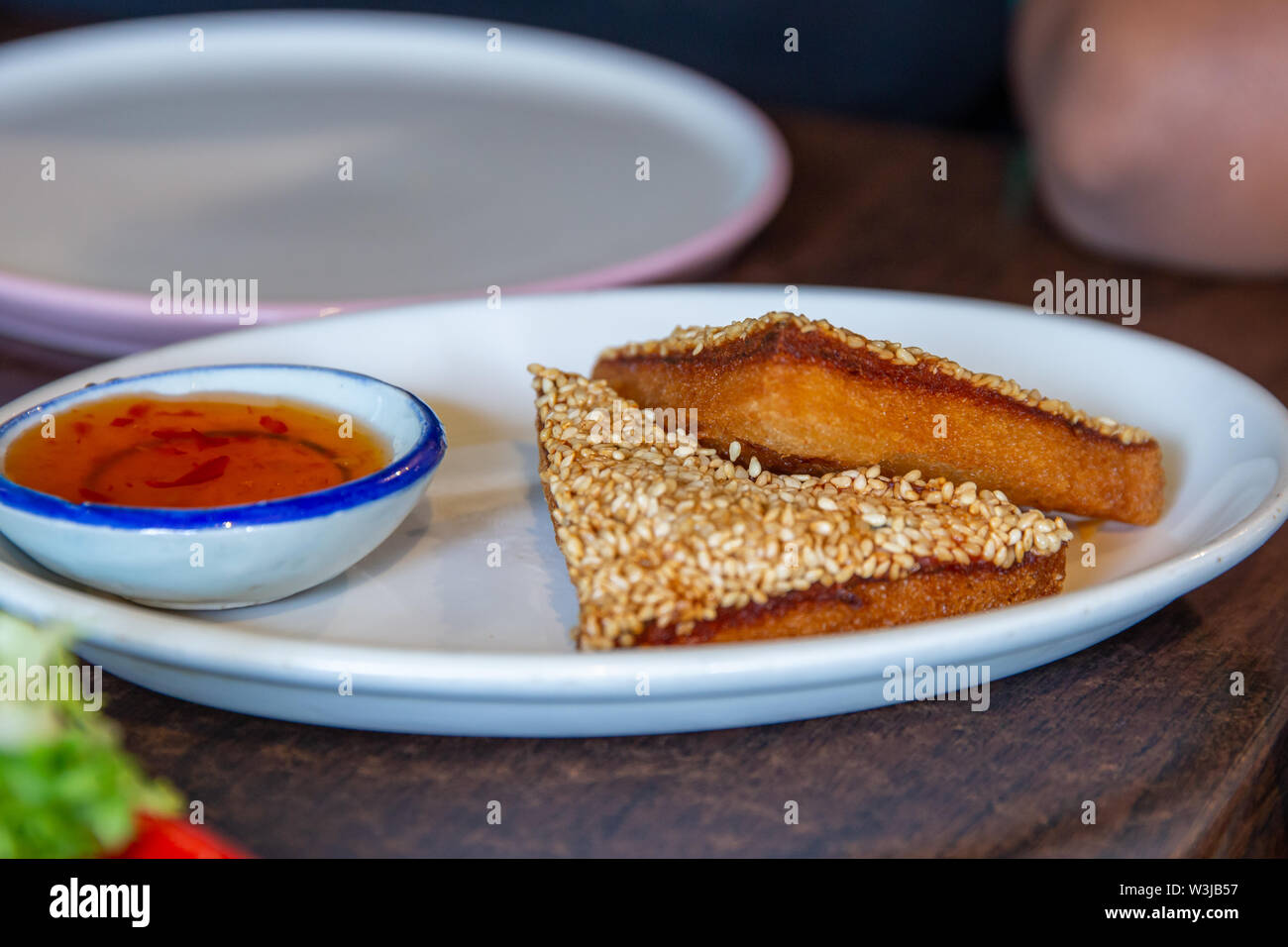 Prawn or shrimp toast (Hatosi) with sweet chilli sauce Stock Photo - Alamy