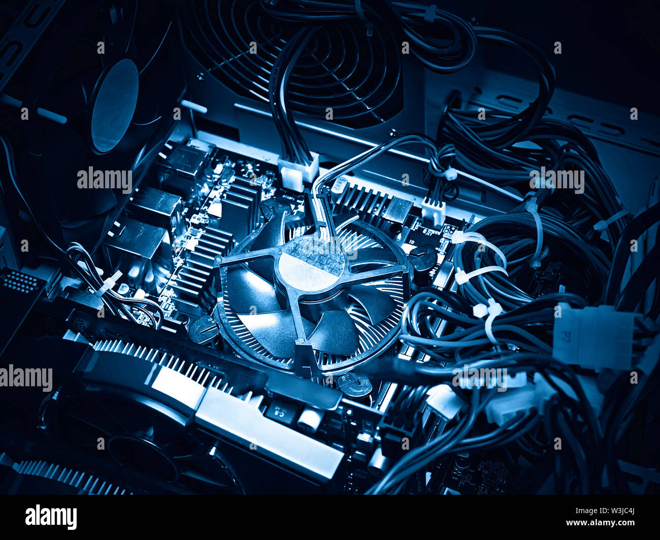 Close-up of the internal system block a PC, blue tone, light effect ...