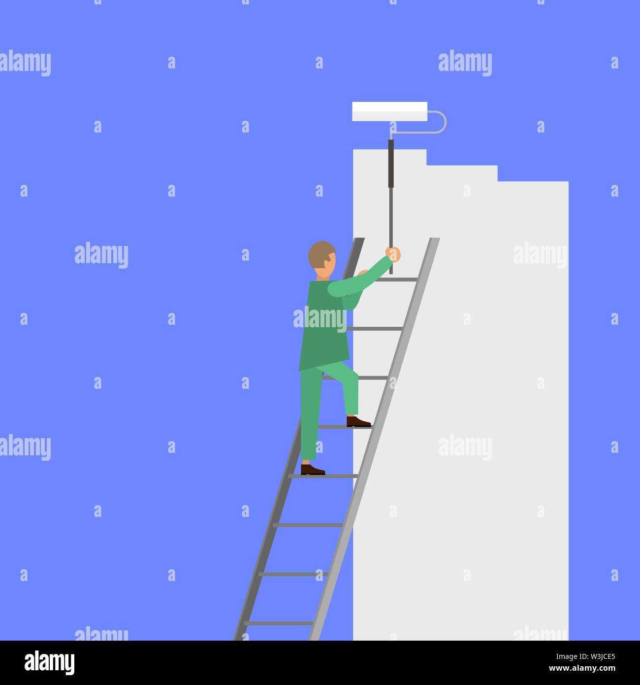 Painter with Roller Painting Wall. Worker on Ladder Paints Home ...