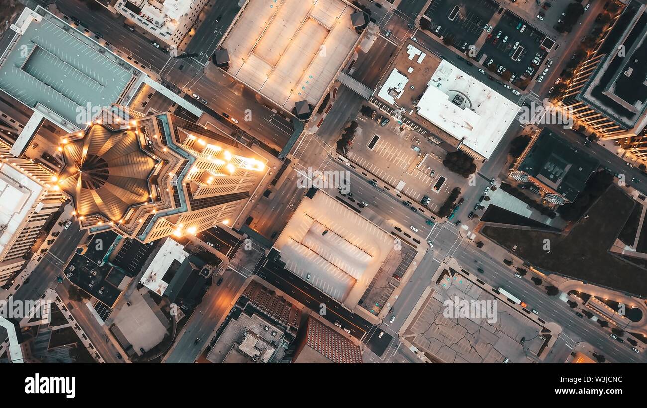 Overhead aerial shot of modern architecture with skyscrapers in an ...