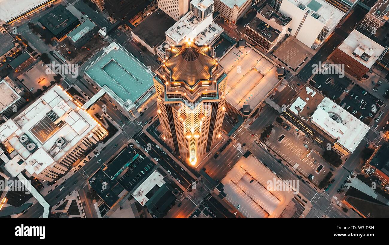 Aerial overhead shot of modern architecture with skyscrapers and other ...