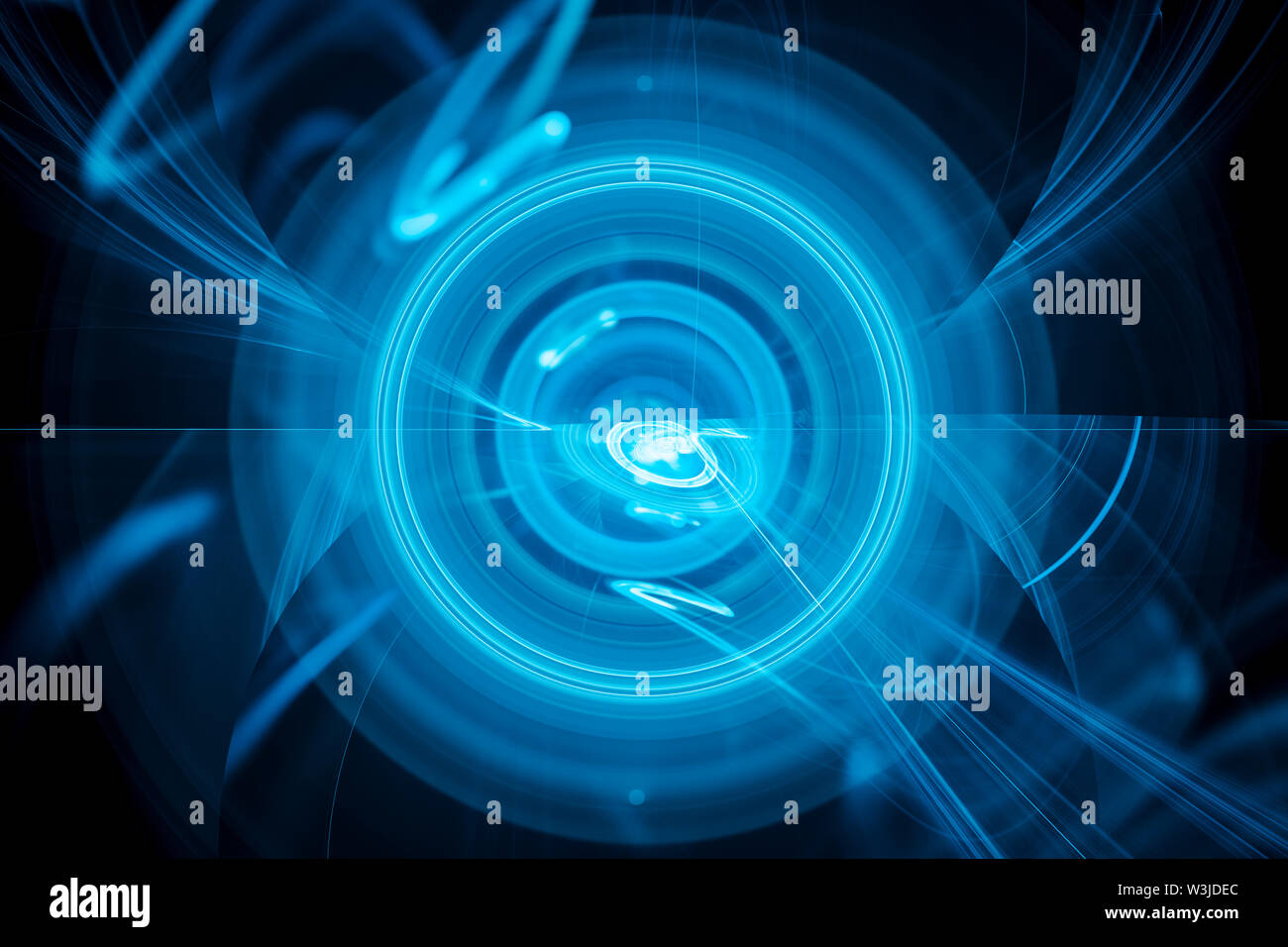 Multidimensional blue glowing futuristic circles, depth of field, computer generated abstract ...