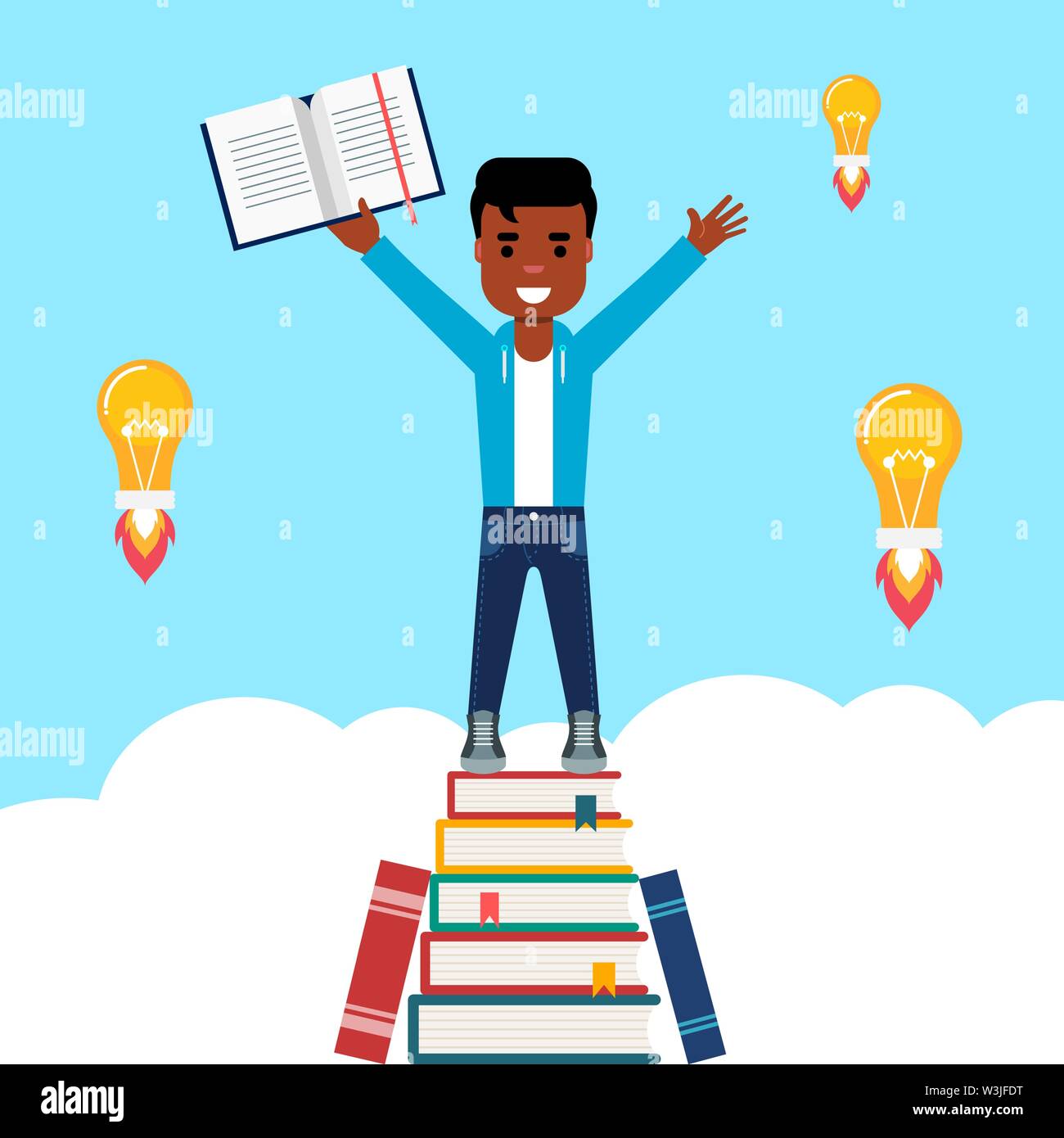 Young African American standing on pile of books holding an open book ...