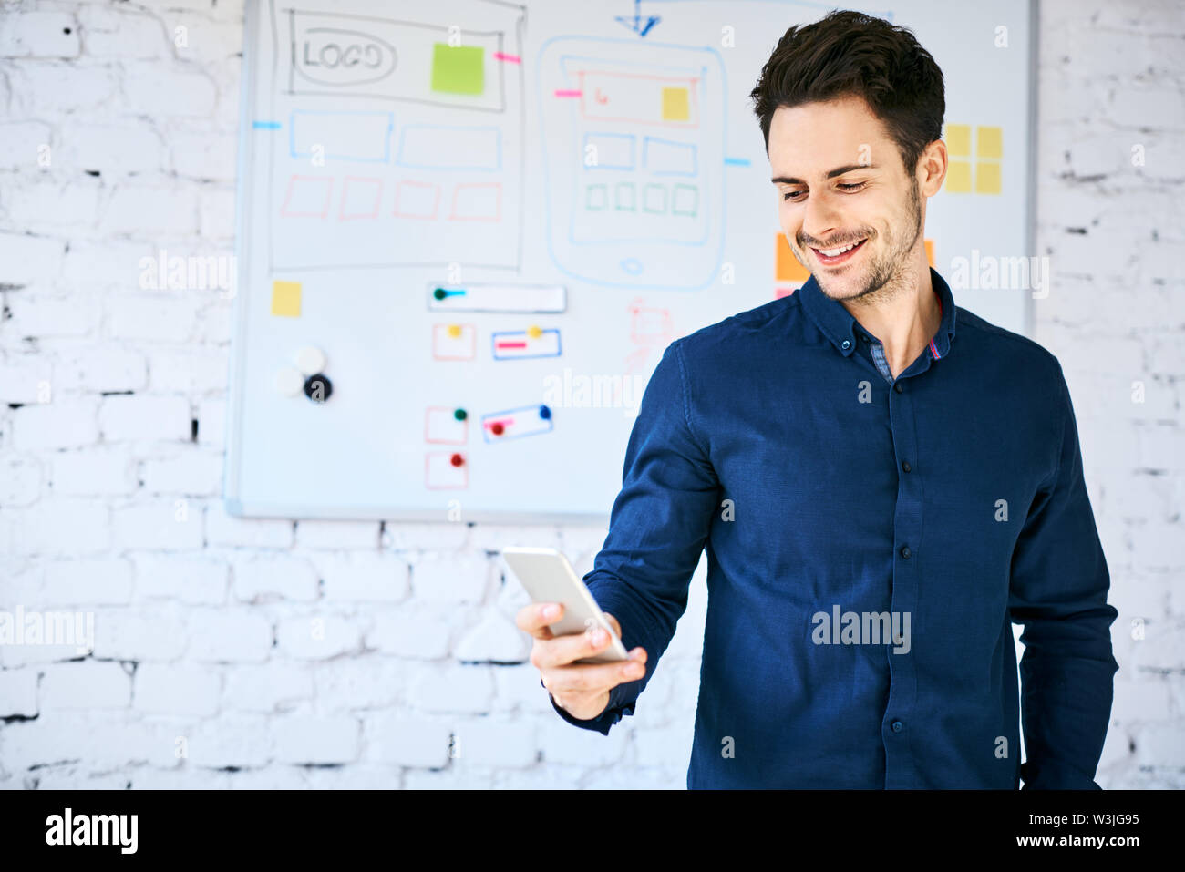 Web developer standing in front of whiteboard with website wireframe ...