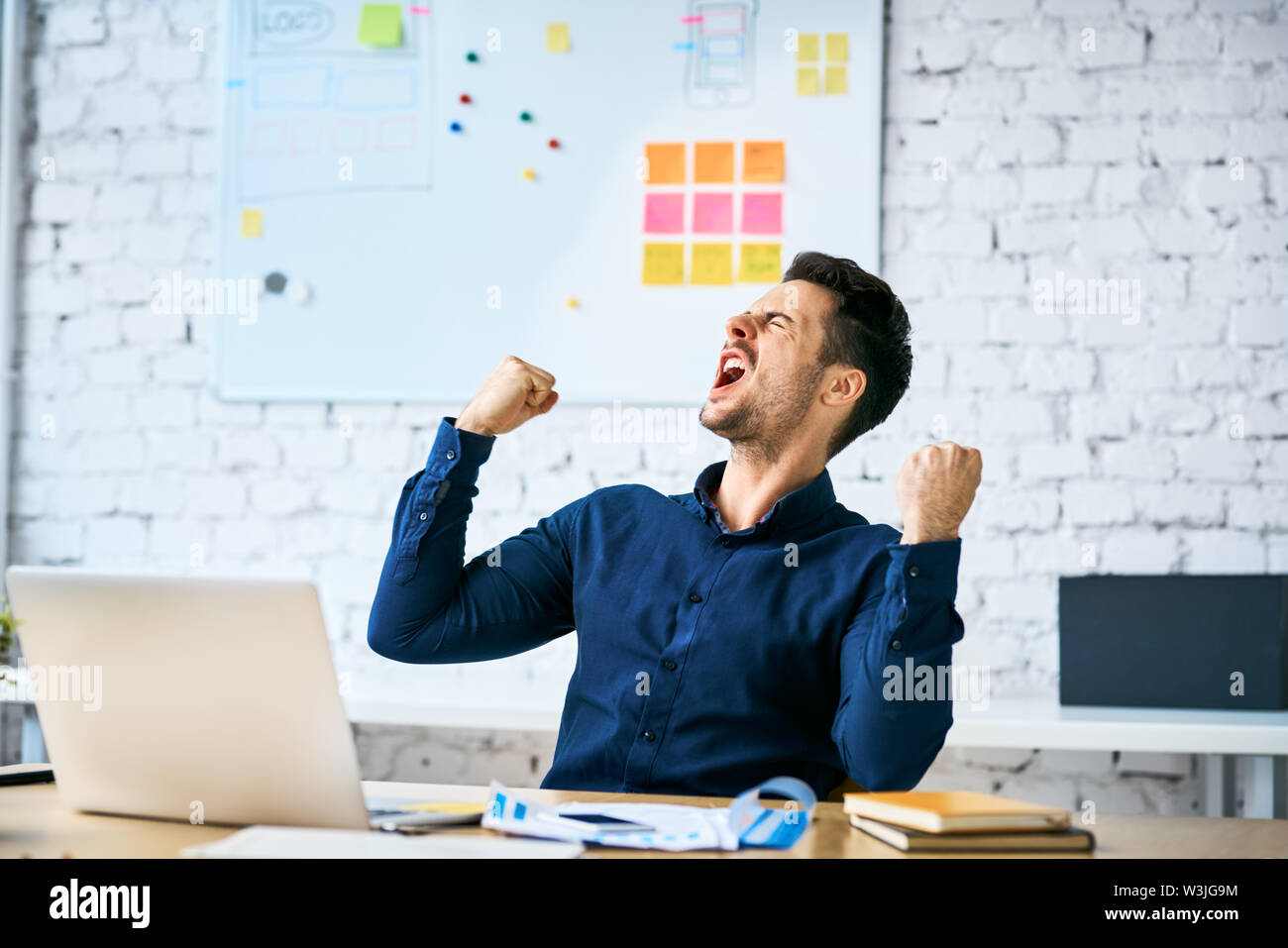 Ecstatic web developer screaming in joy and making gestures celebrating ...