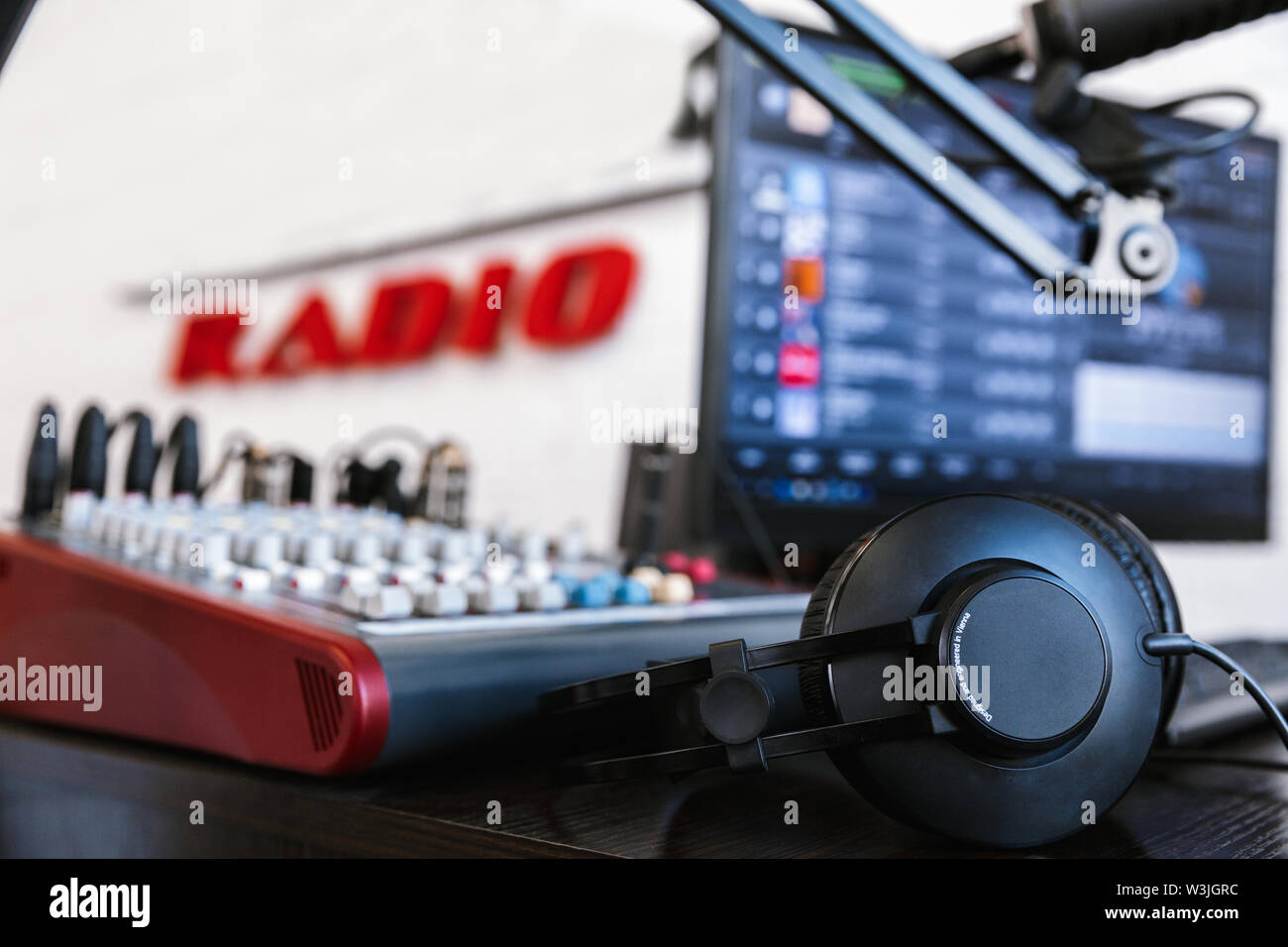 Image of a radio workspace workplace with microphone and sound ...