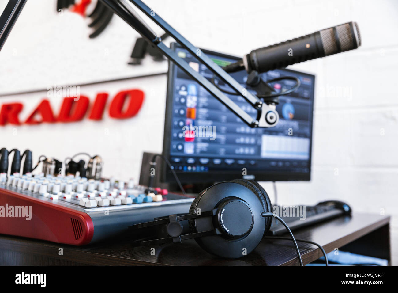 Image of a radio workspace workplace with microphone and sound ...