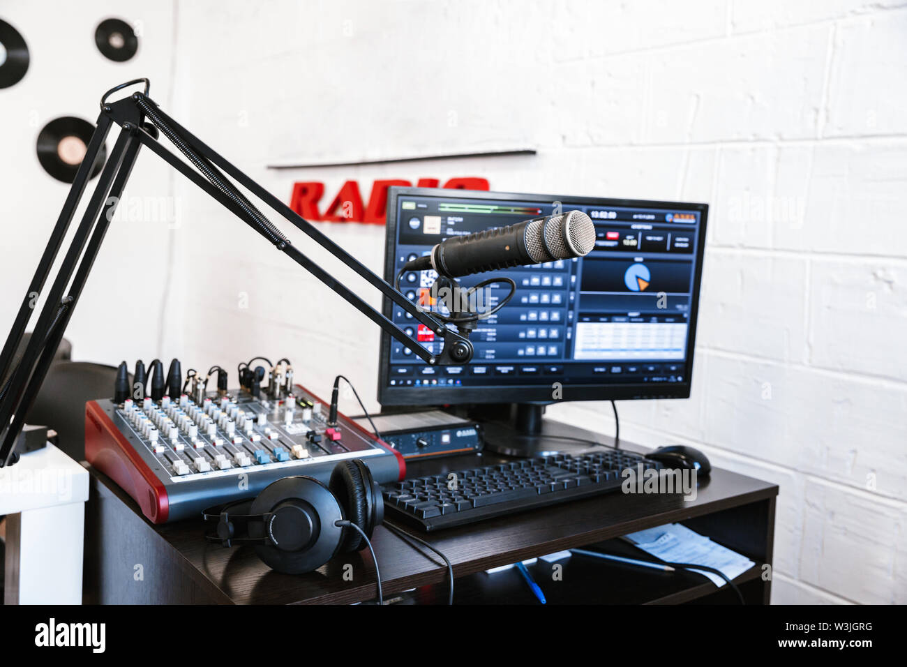 Image of a radio workspace workplace with microphone and sound ...
