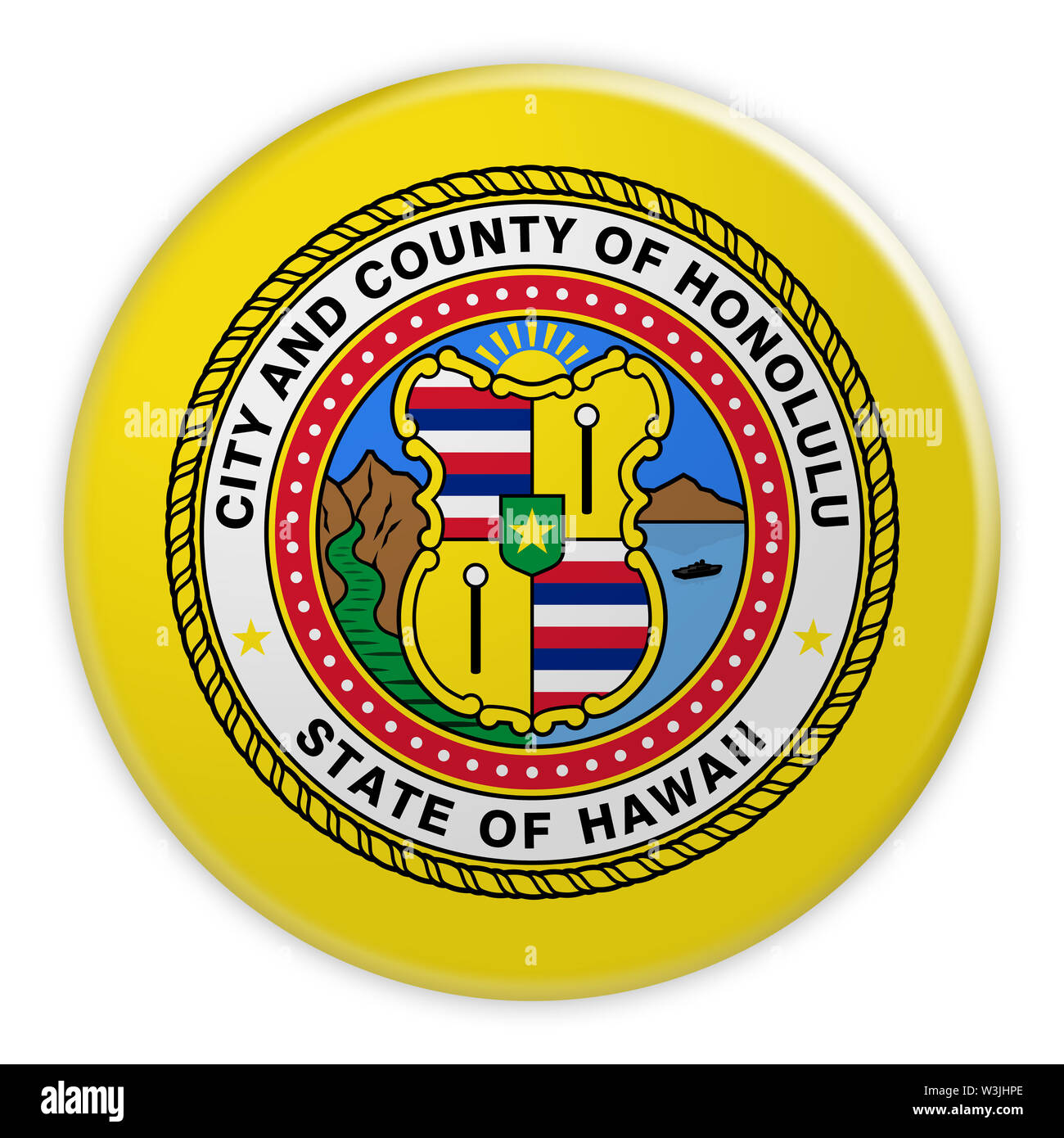 US City Button: Honolulu Flag Badge, 3d illustration on white ...